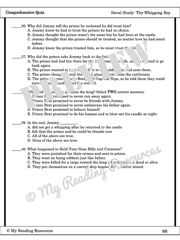 The Whipping Boy Comprehensive Quiz - My Reading Resources