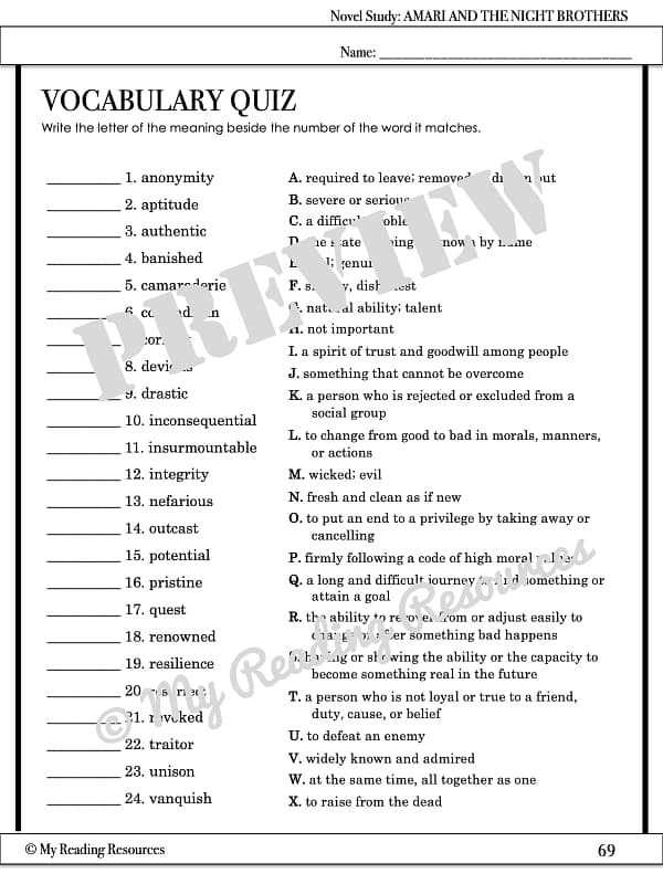 Amari and the Night Brothers Novel Study - My Reading Resources