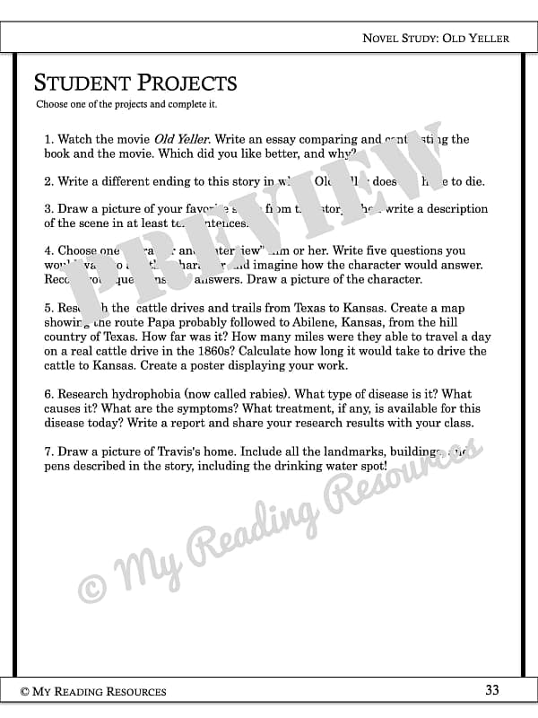 Old Yeller Novel Study - My Reading Resources