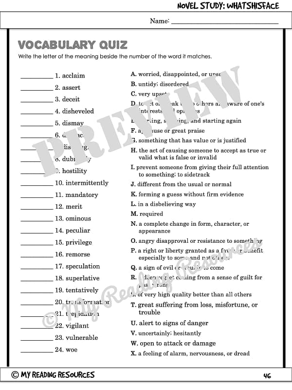 WhatsHisFace Novel Study - My Reading Resources