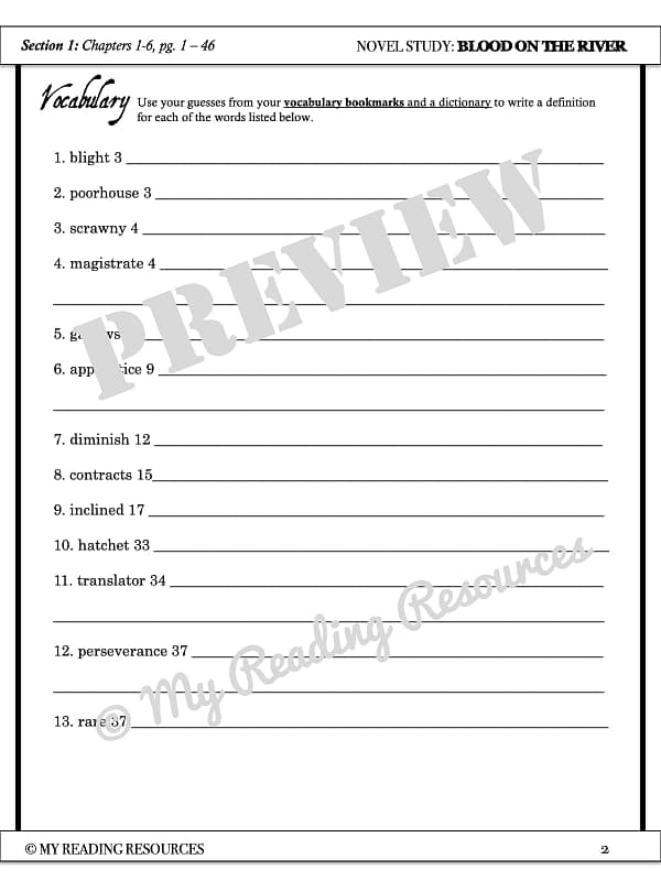 Blood on the River Student Worksheet Packet - My Reading Resources