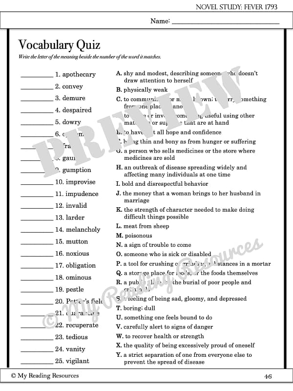 Fever 1793 Novel Study - My Reading Resources