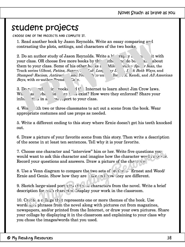 As Brave As You Novel Study - My Reading Resources