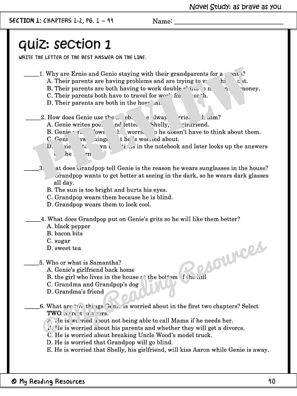 As Brave As You Novel Study - My Reading Resources