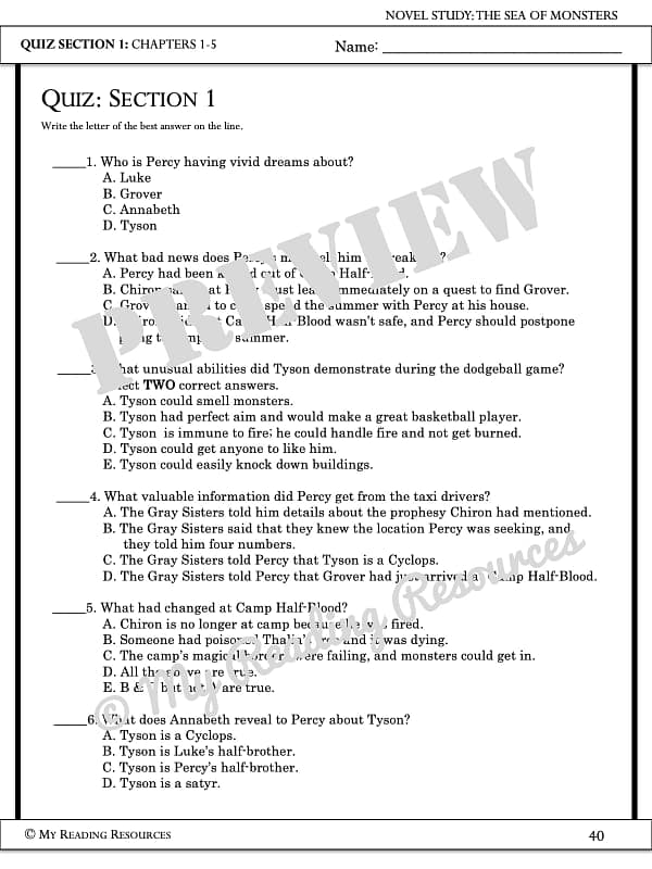 The Sea of Monsters Section Quizzes & Crossword Puzzles - My Reading ...
