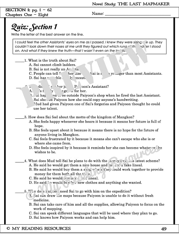 The Last Mapmaker Section Quizzes & Crossword Puzzles - My Reading ...