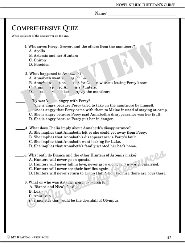 The Titan's Curse Comprehensive Quiz - My Reading Resources