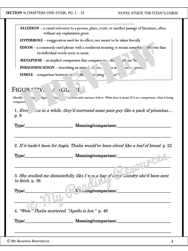 The Titan's Curse Student Worksheet Packet - My Reading Resources