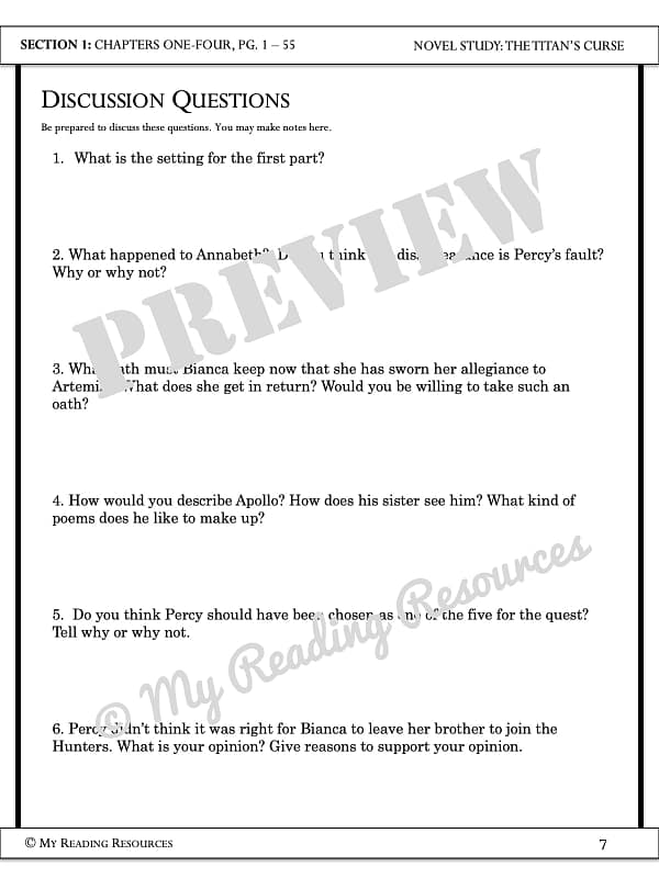 The Titan's Curse Student Worksheet Packet - My Reading Resources