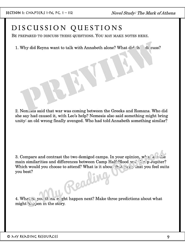 The Mark of Athena Student Worksheet Packet - My Reading Resources