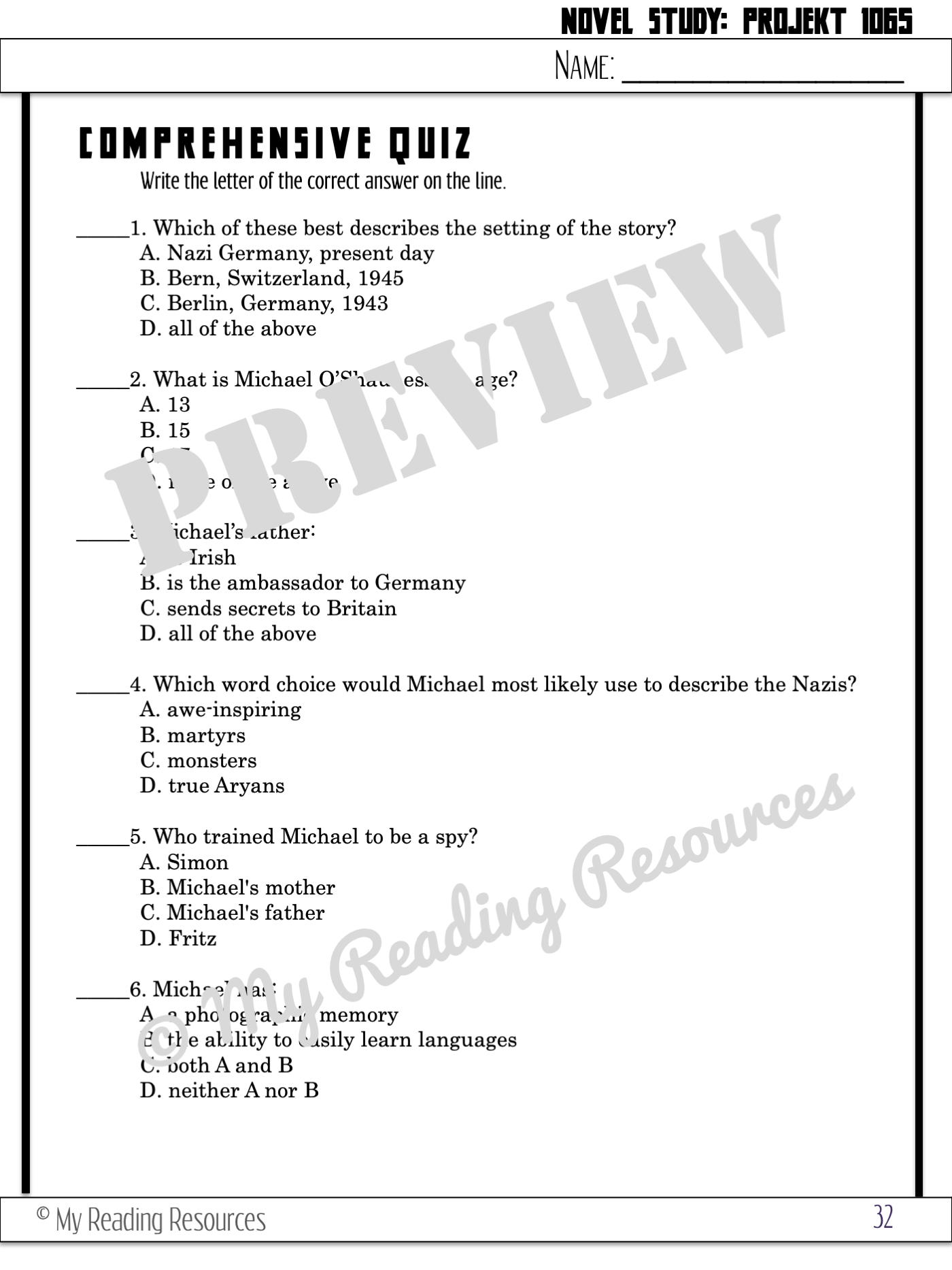 Projekt 1065 Novel Study - My Reading Resources