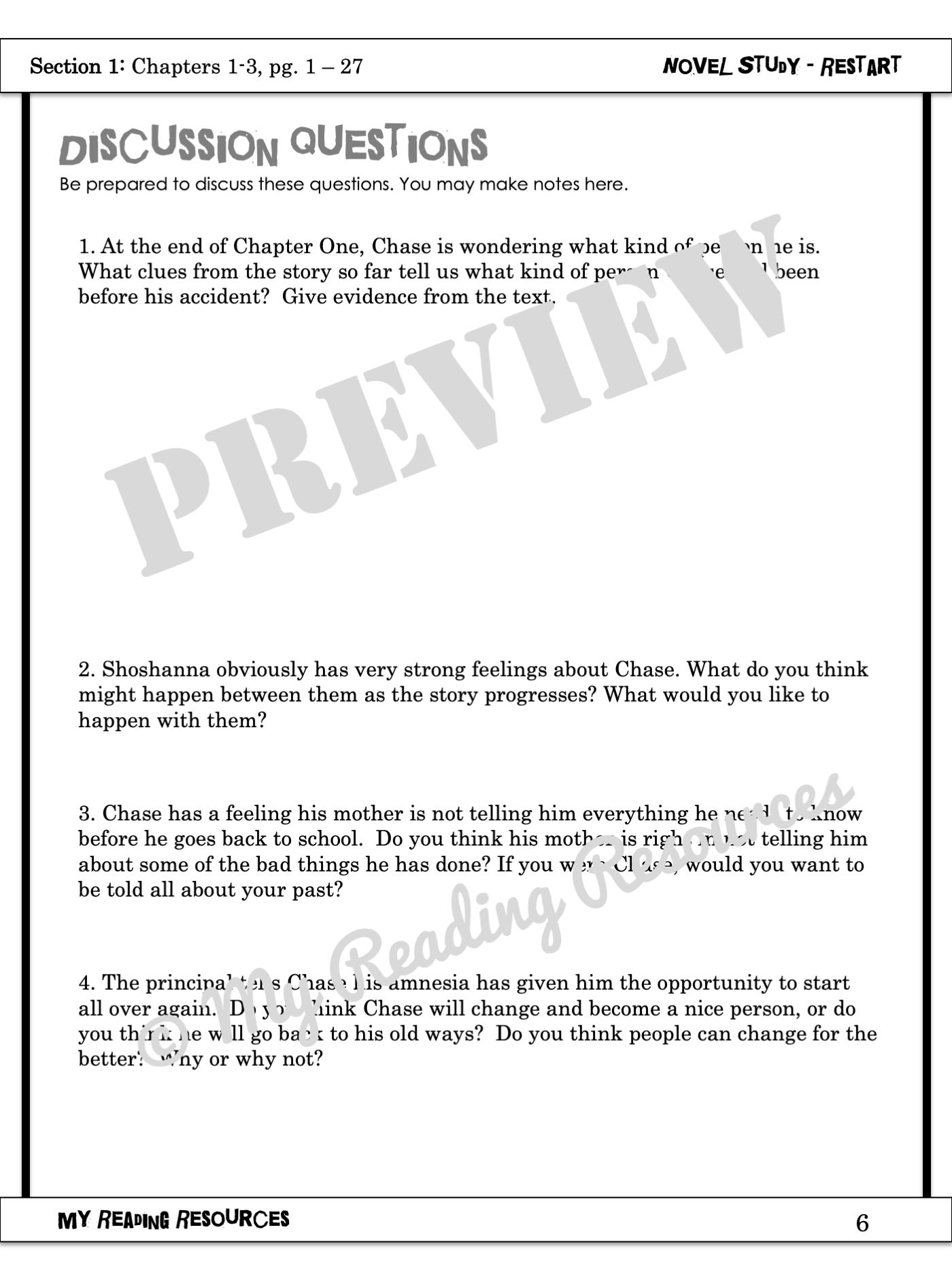 Restart Novel Study - My Reading Resources