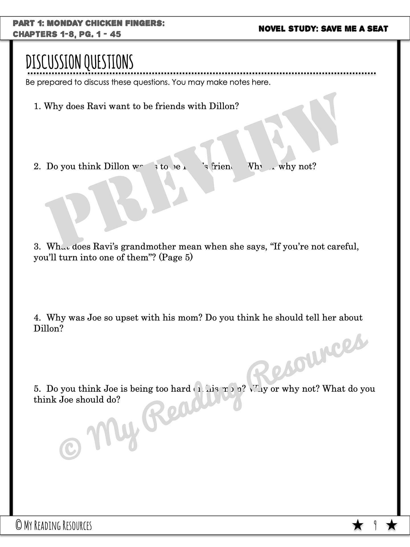 Save Me A Seat Student Worksheet Packet - My Reading Resources