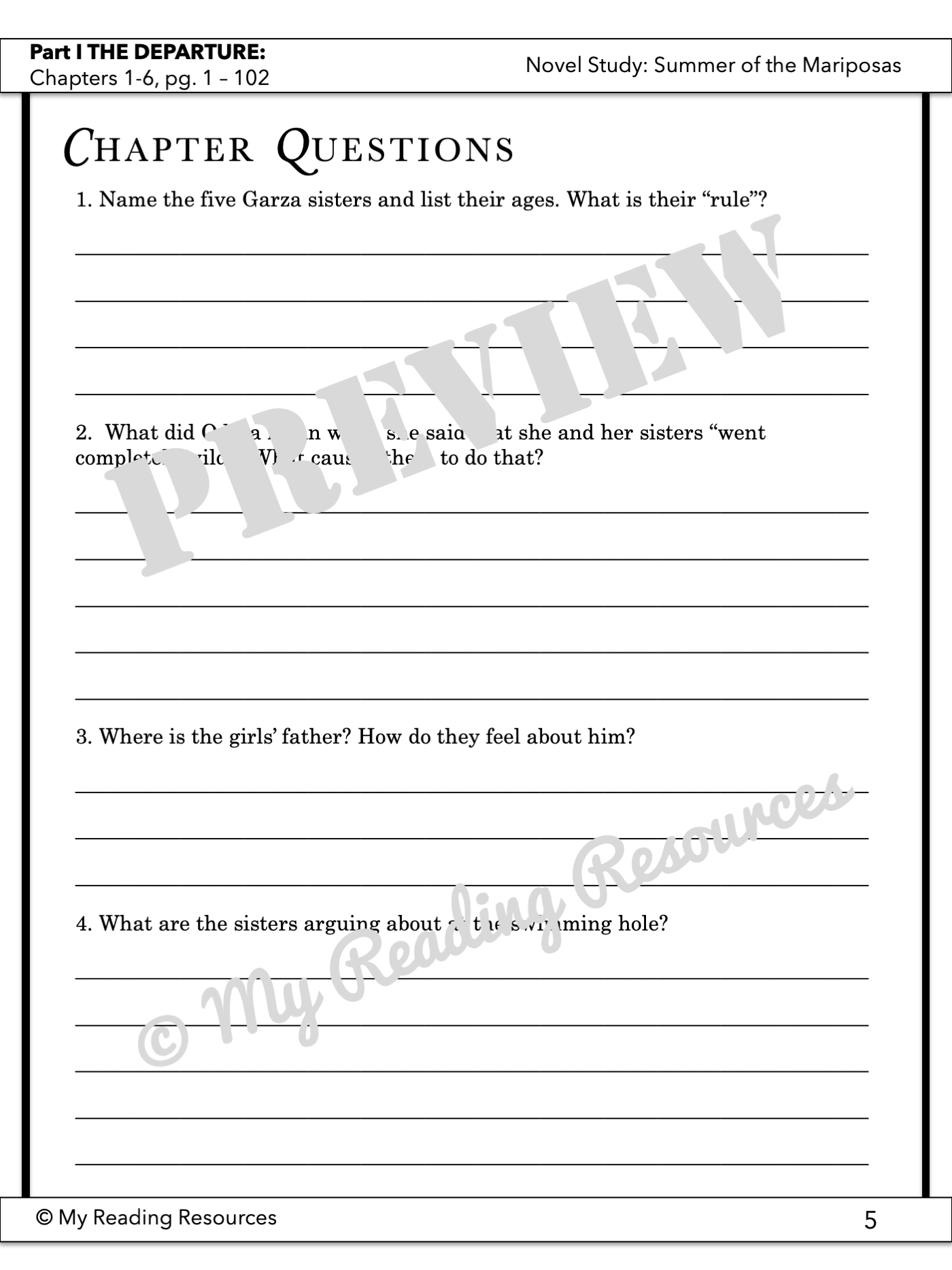 Summer of the Mariposas Student Worksheet Packet - My Reading Resources