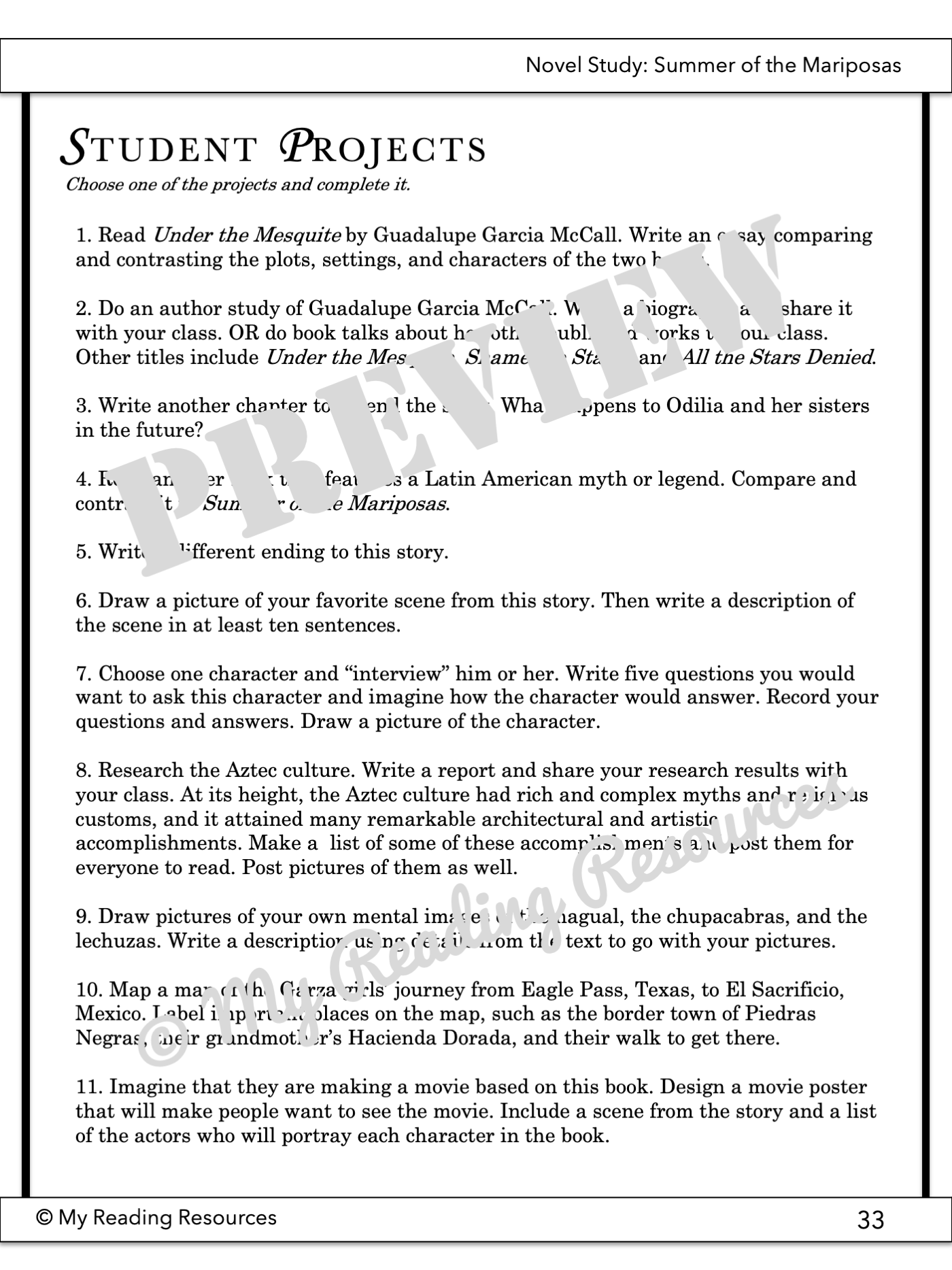 Summer of the Mariposas Student Worksheet Packet - My Reading Resources