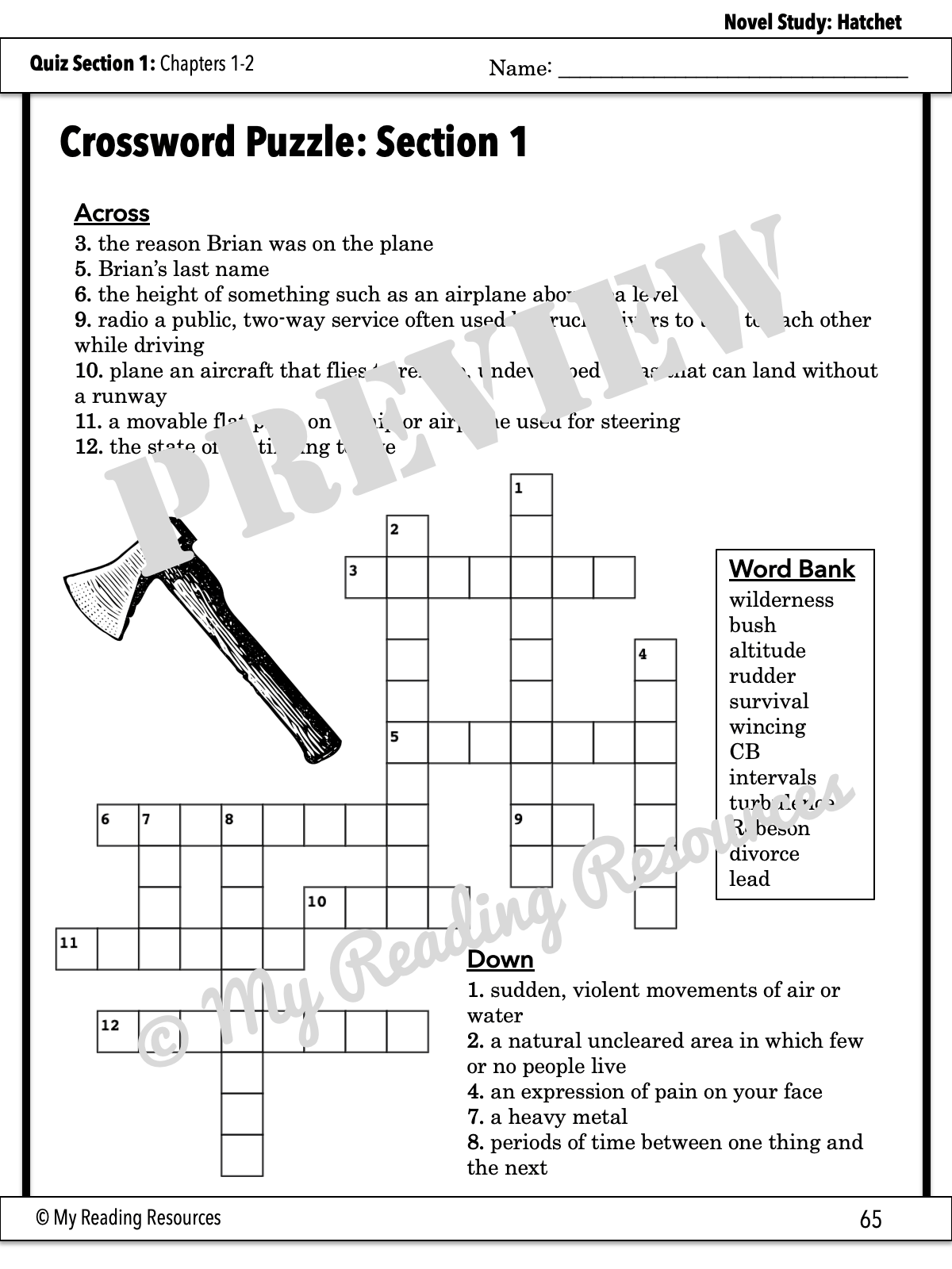 Hatchet Section Quizzes & Crossword Puzzles - My Reading Resources