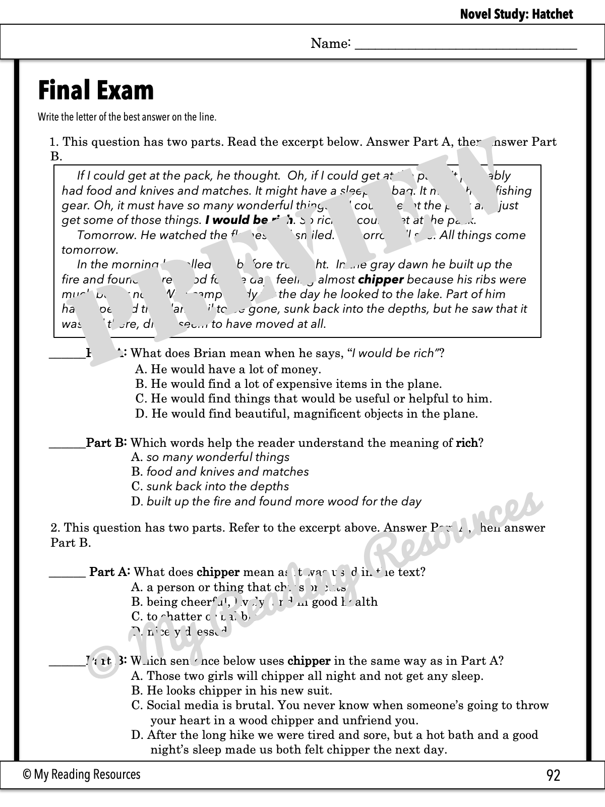 Hatchet Novel Study - My Reading Resources