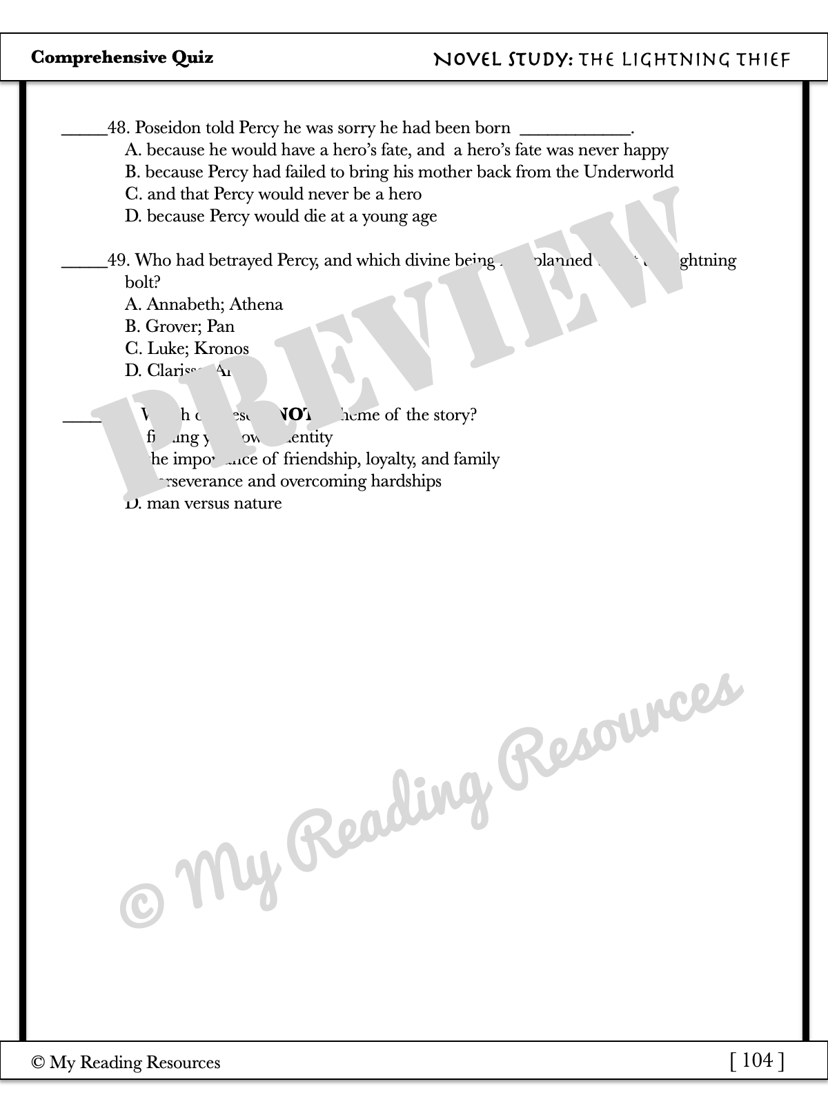 Percy Jackson and the Olympians: The Lightning Thief Novel Study - My ...