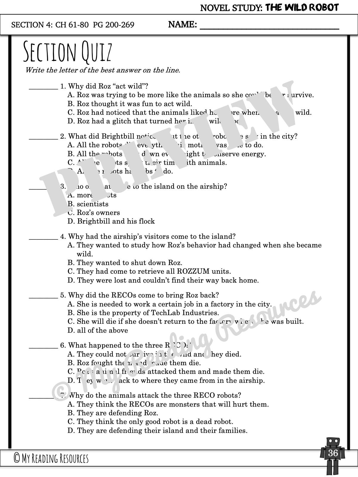 The Wild Robot Novel Study - My Reading Resources