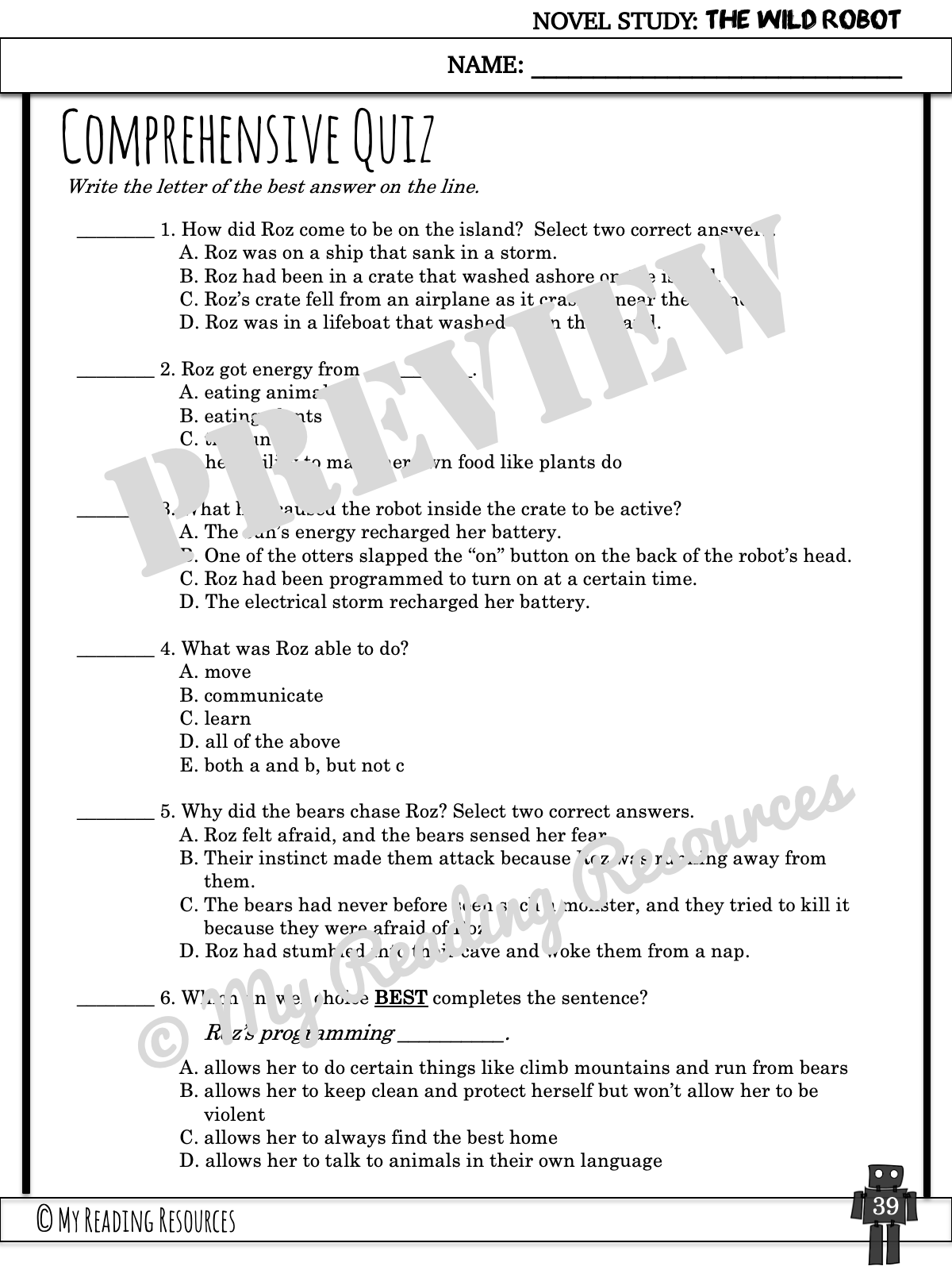 The Wild Robot Novel Study - My Reading Resources