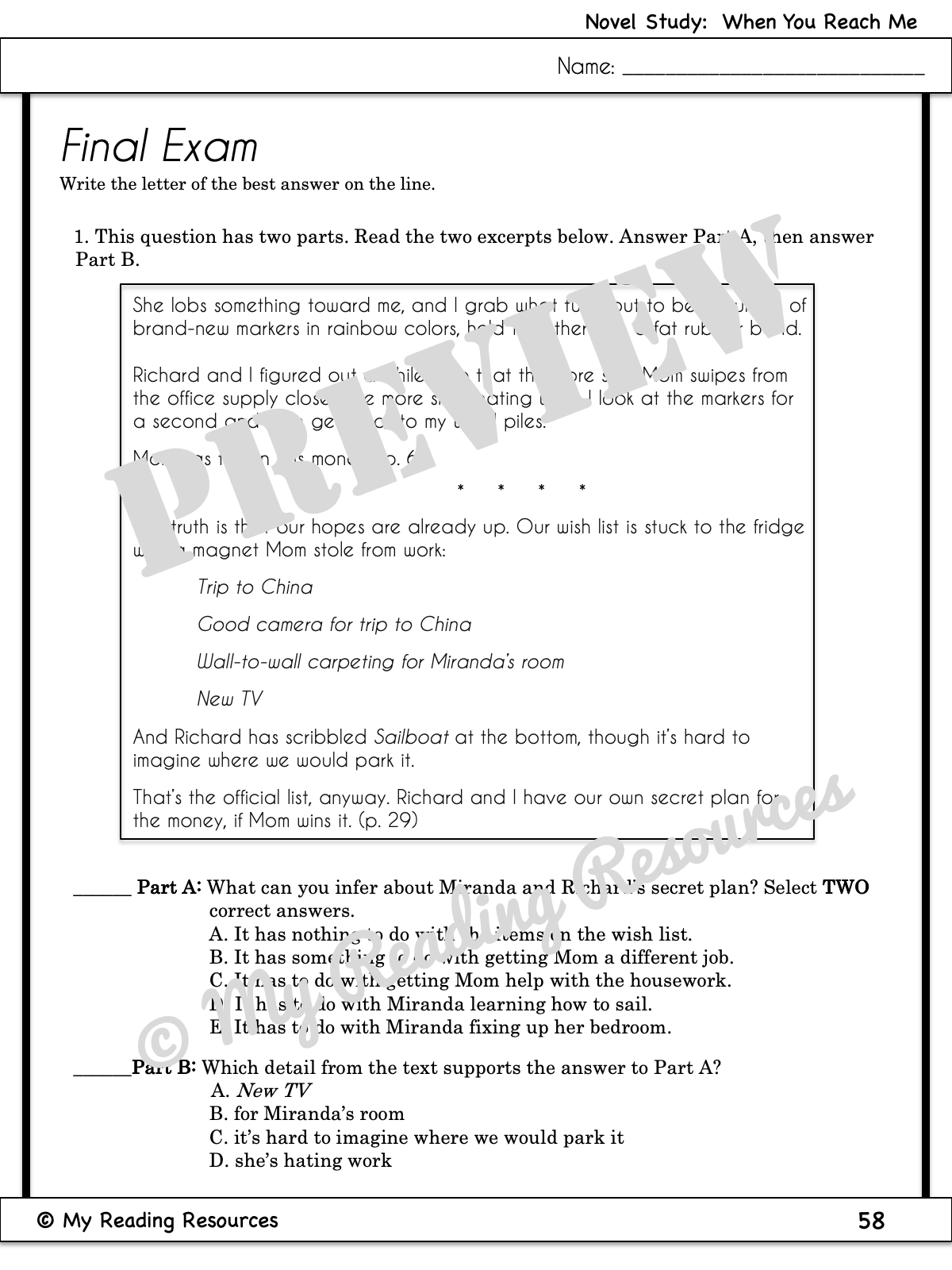 When You Reach Me Novel Study - My Reading Resources