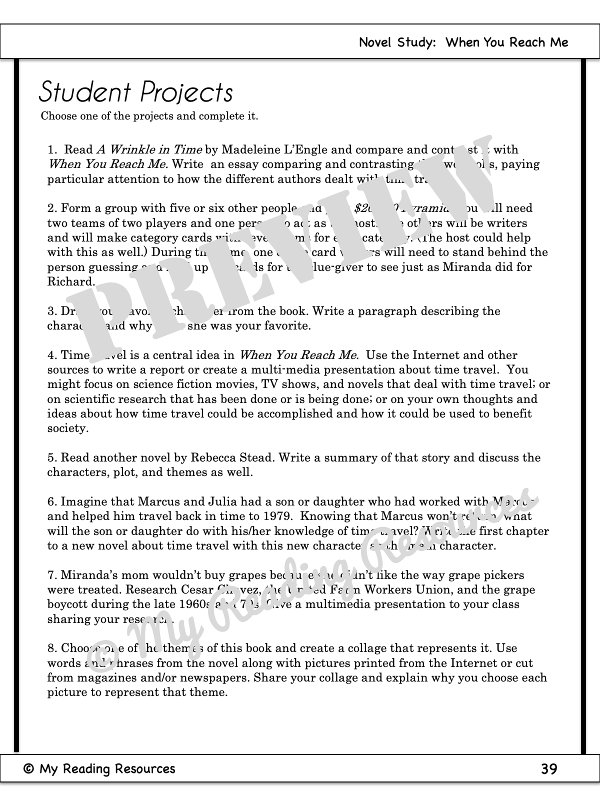 When You Reach Me Novel Study - My Reading Resources