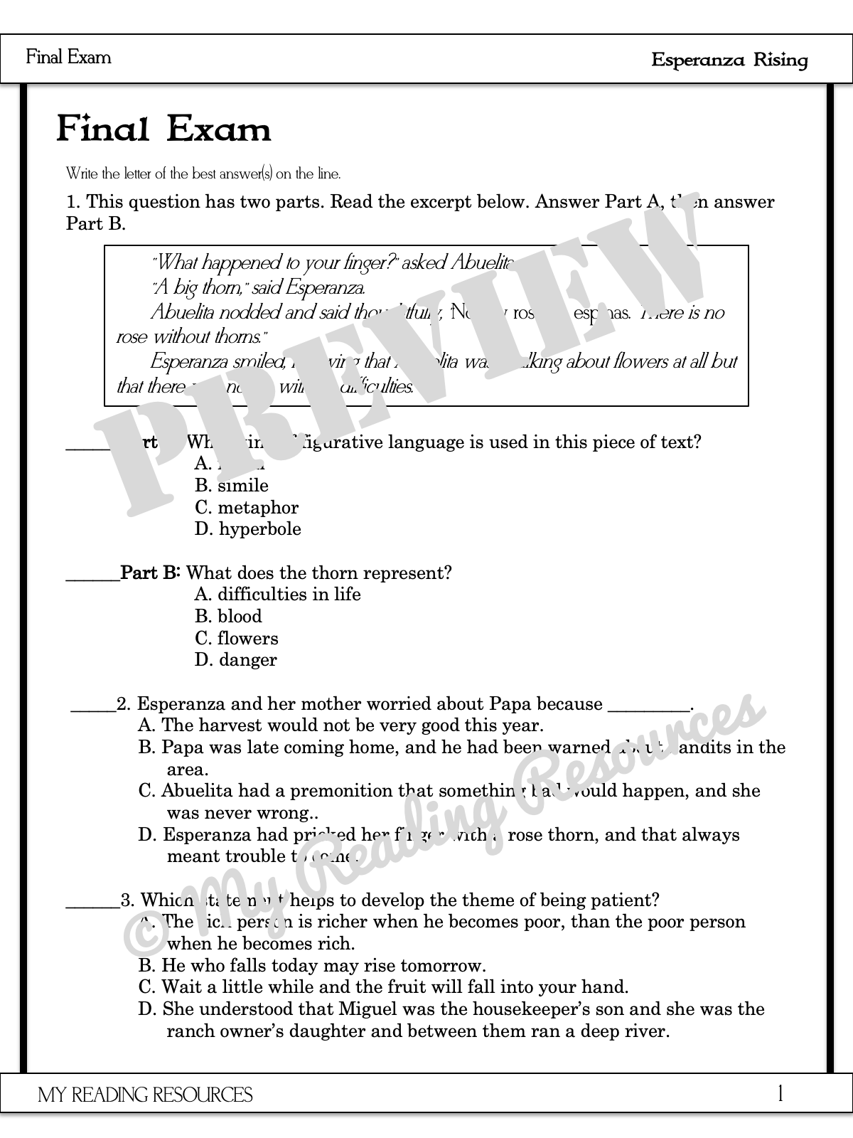 Esperanza Rising Final Exam - My Reading Resources