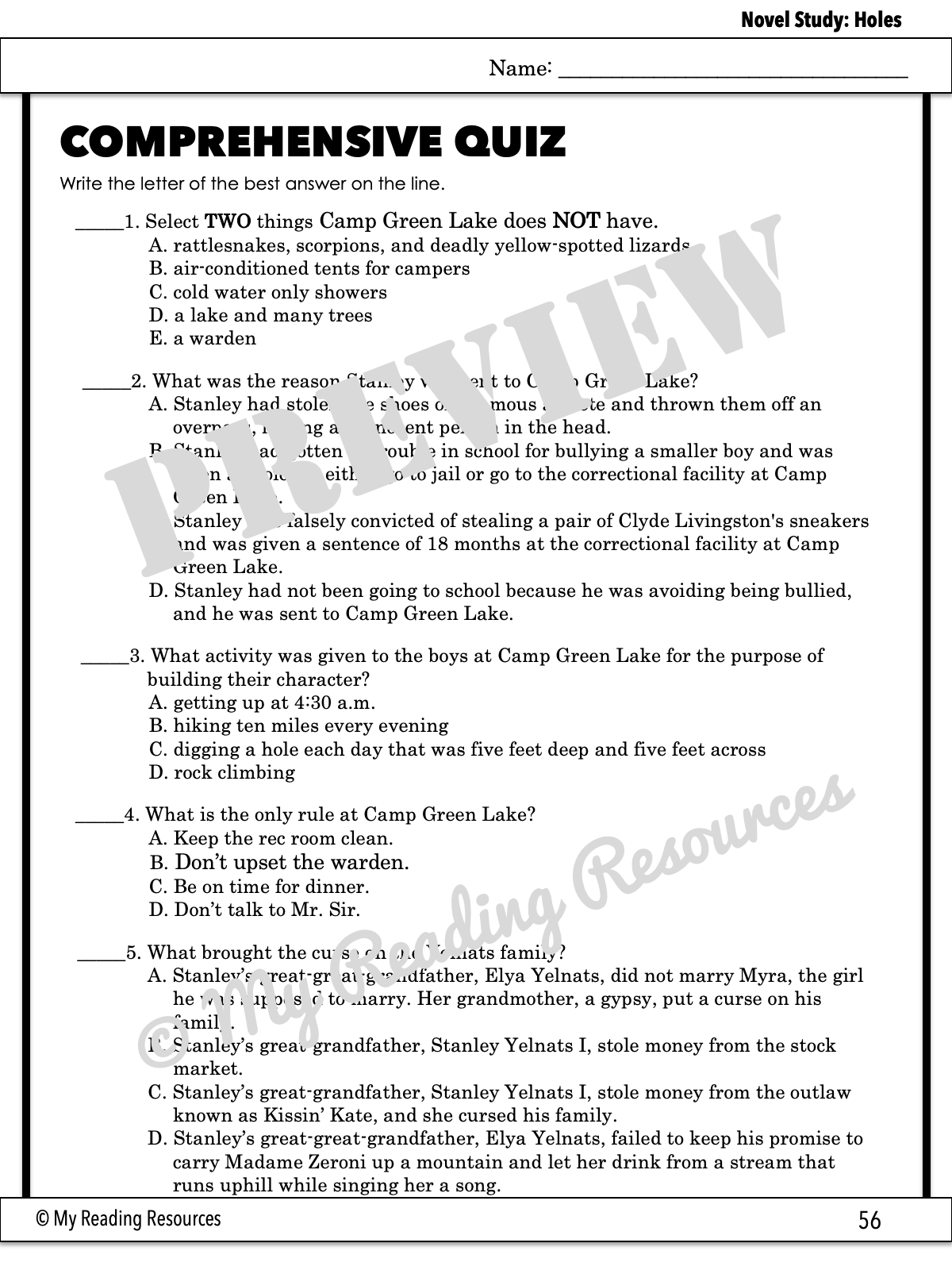 Holes Novel Study - My Reading Resources