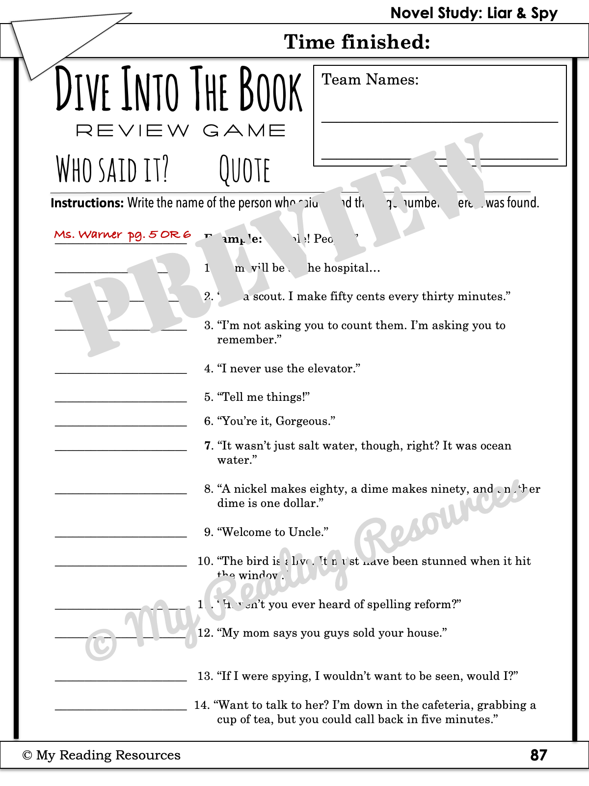 Liar & Spy Novel Study - My Reading Resources