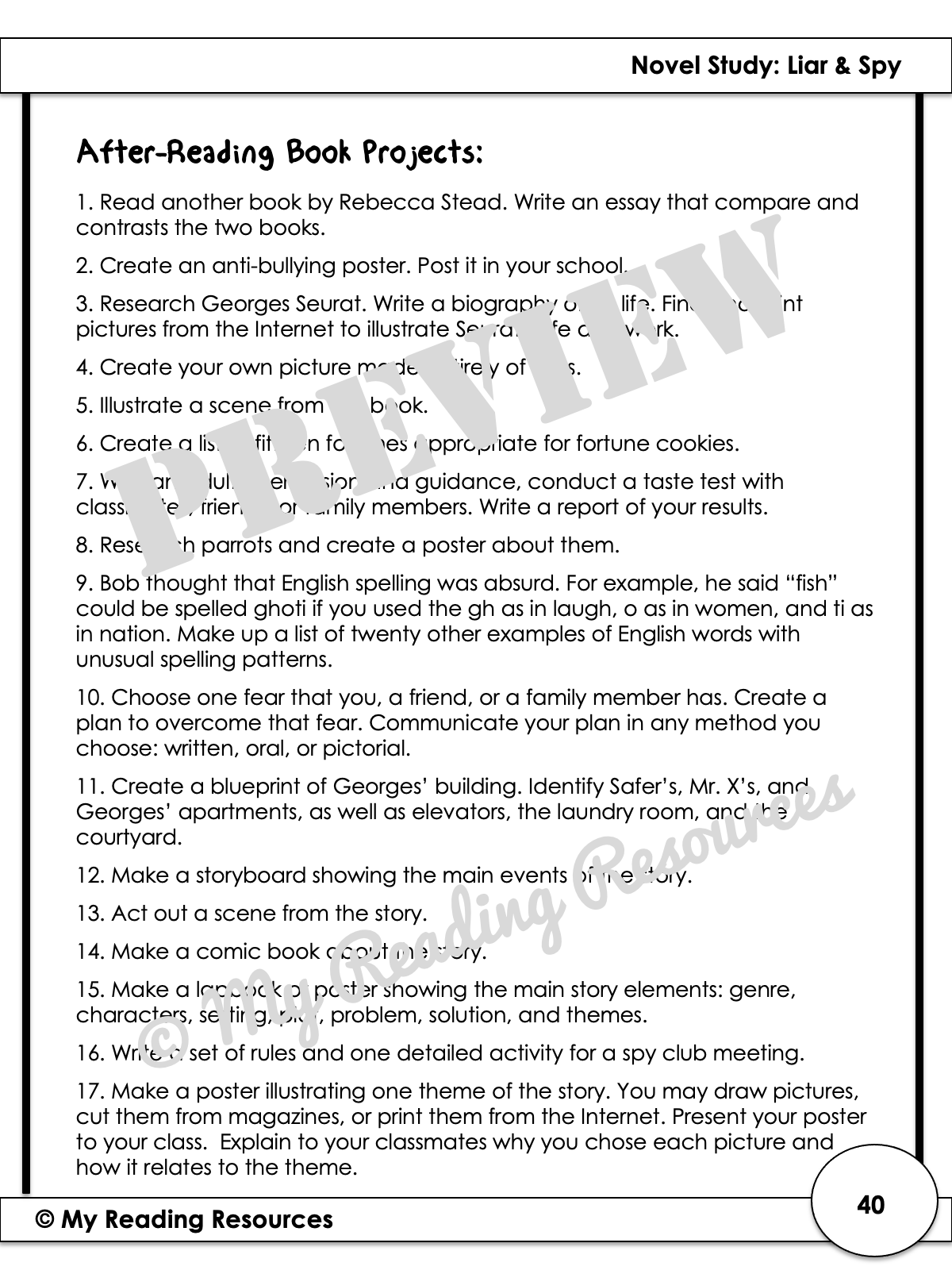 Liar & Spy Novel Study - My Reading Resources