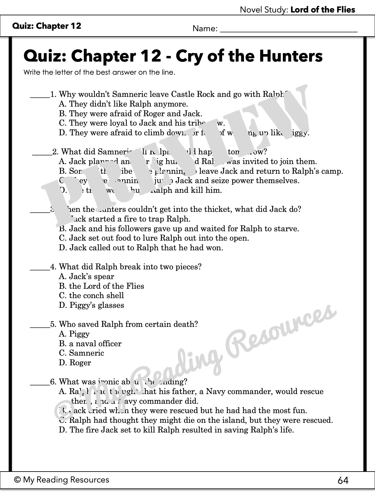 Lord of the Flies Novel Study - My Reading Resources