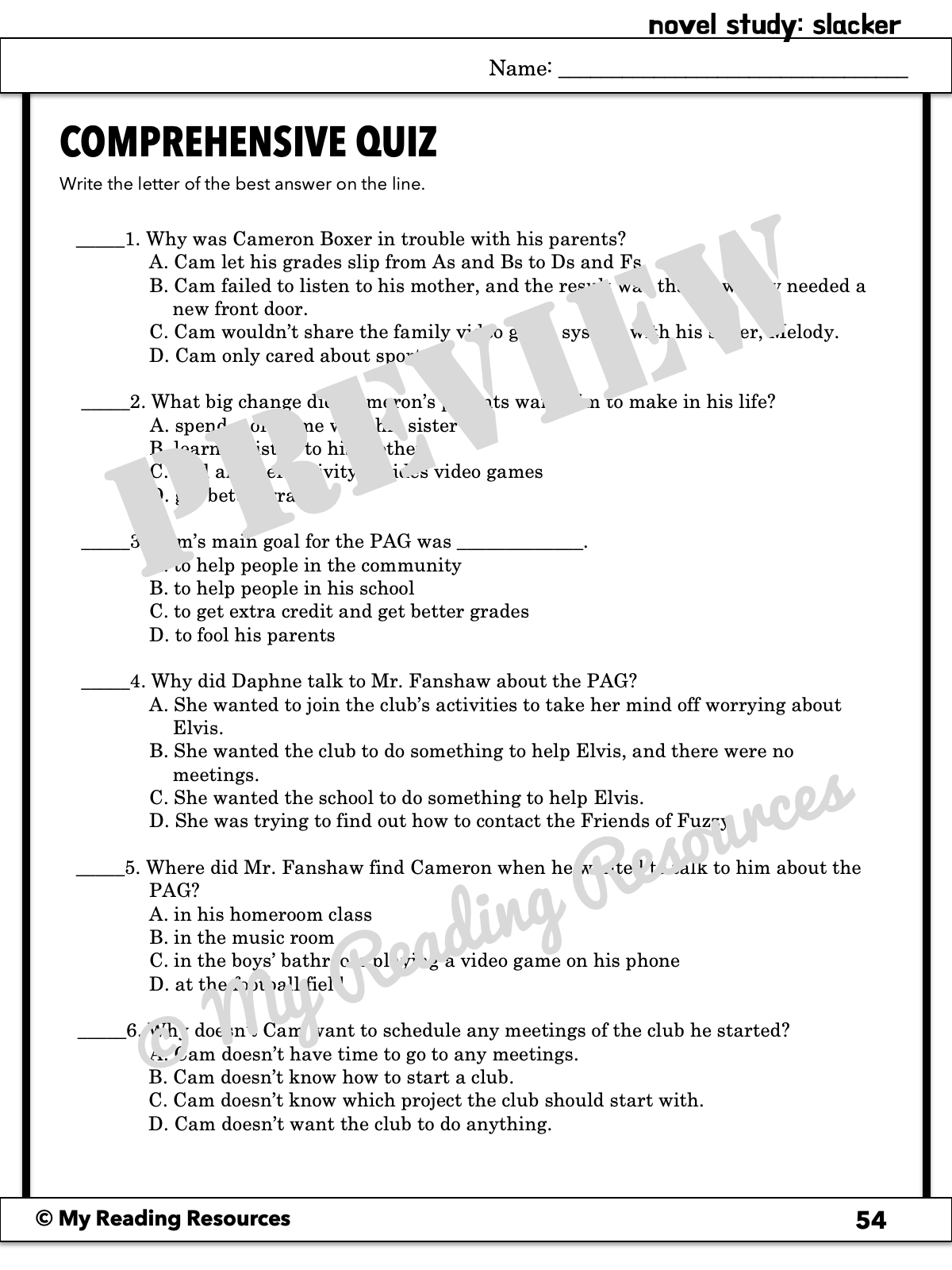 Slacker Novel Study - My Reading Resources