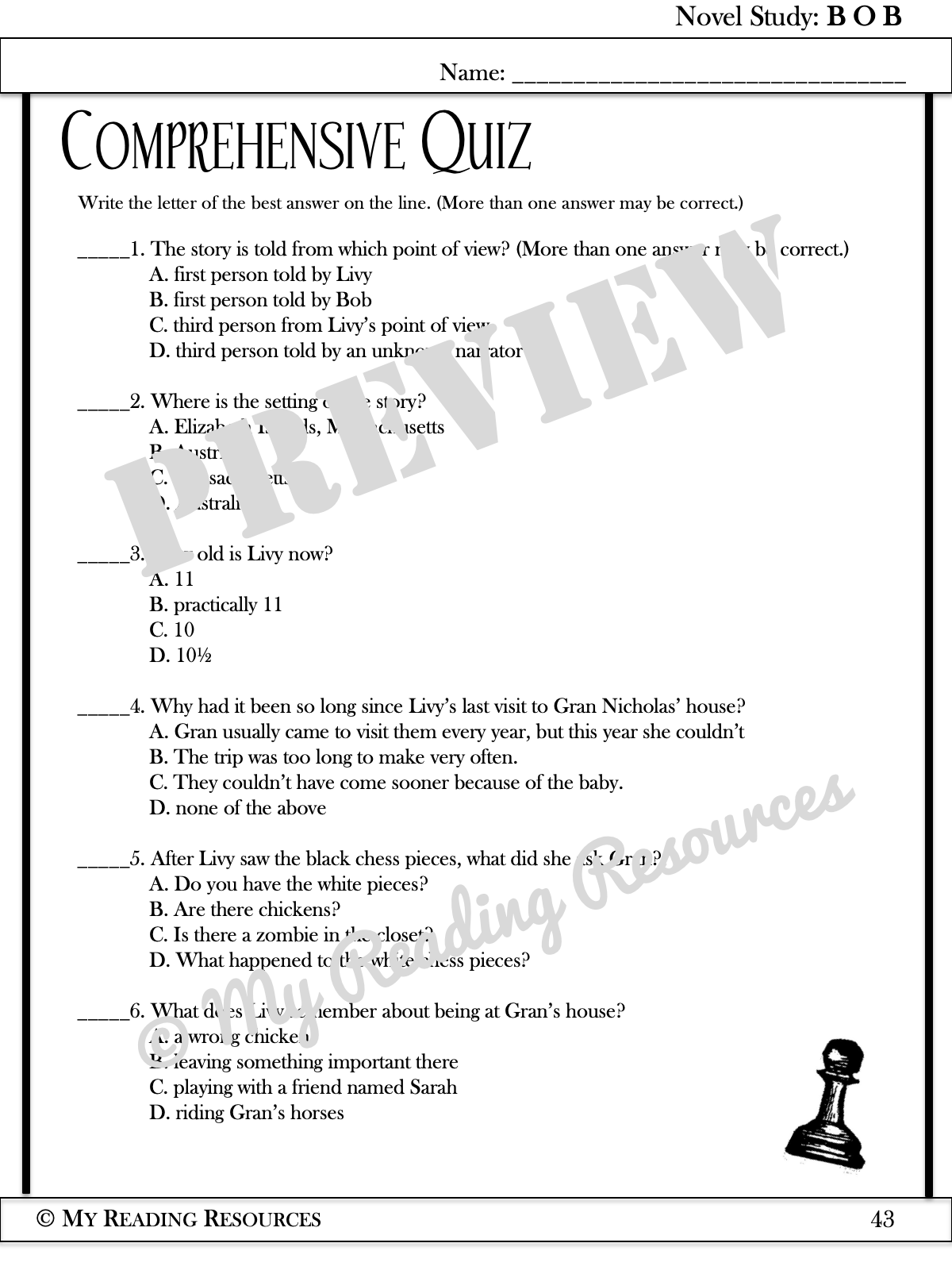 Bob Comprehensive Quiz - My Reading Resources