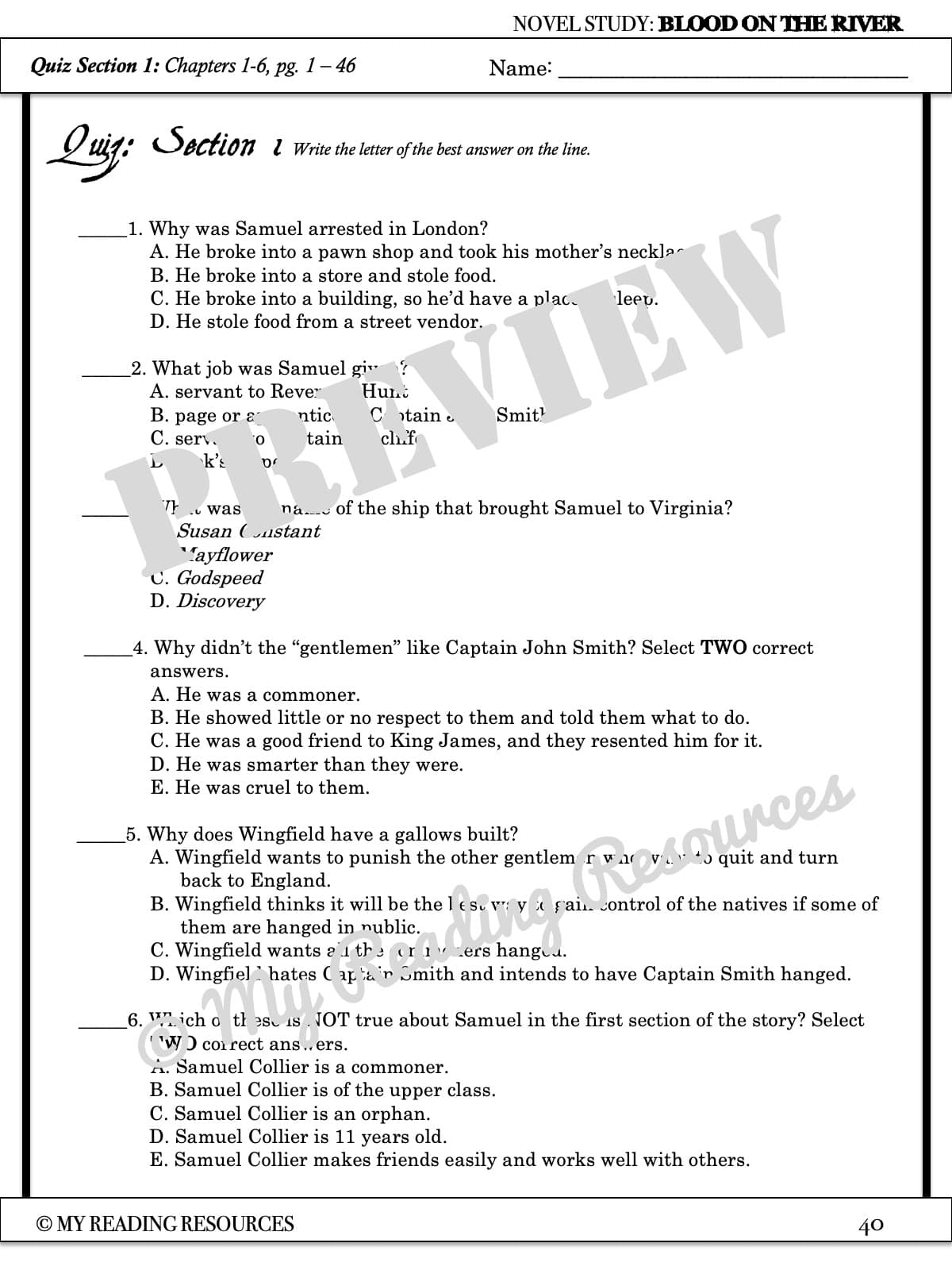 Blood on the River Section Quizzes & Crossword Puzzles - My Reading ...