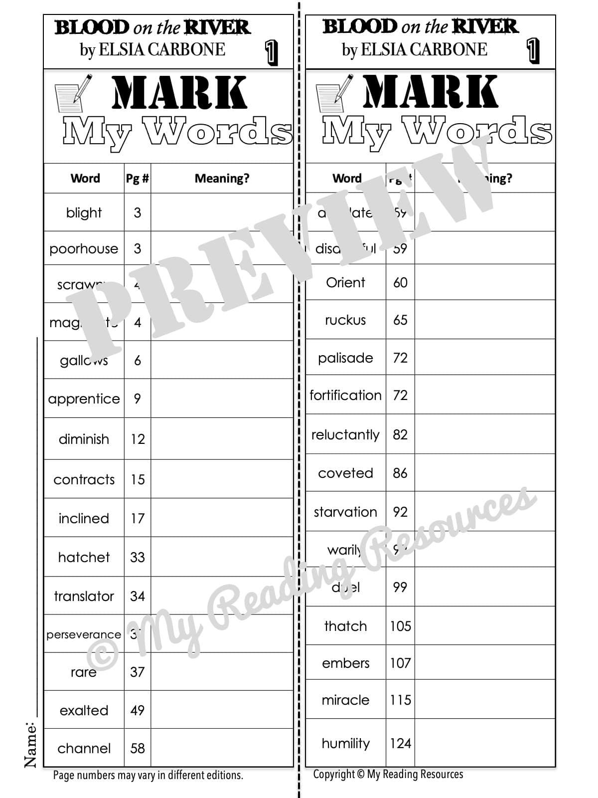 Blood on the River Student Worksheet Packet - My Reading Resources