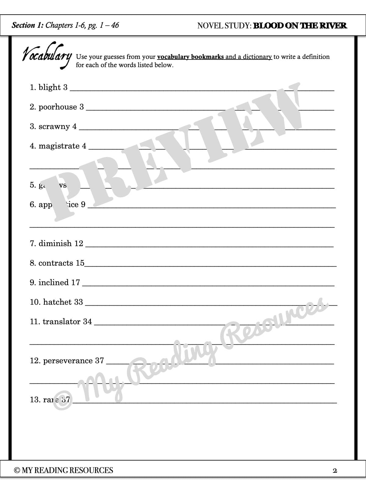 Blood on the River Student Worksheet Packet - My Reading Resources