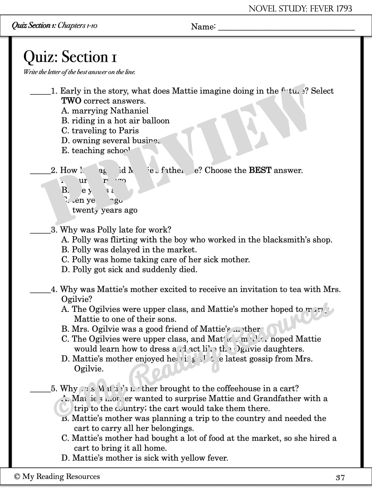 Fever 1793 Novel Study - My Reading Resources