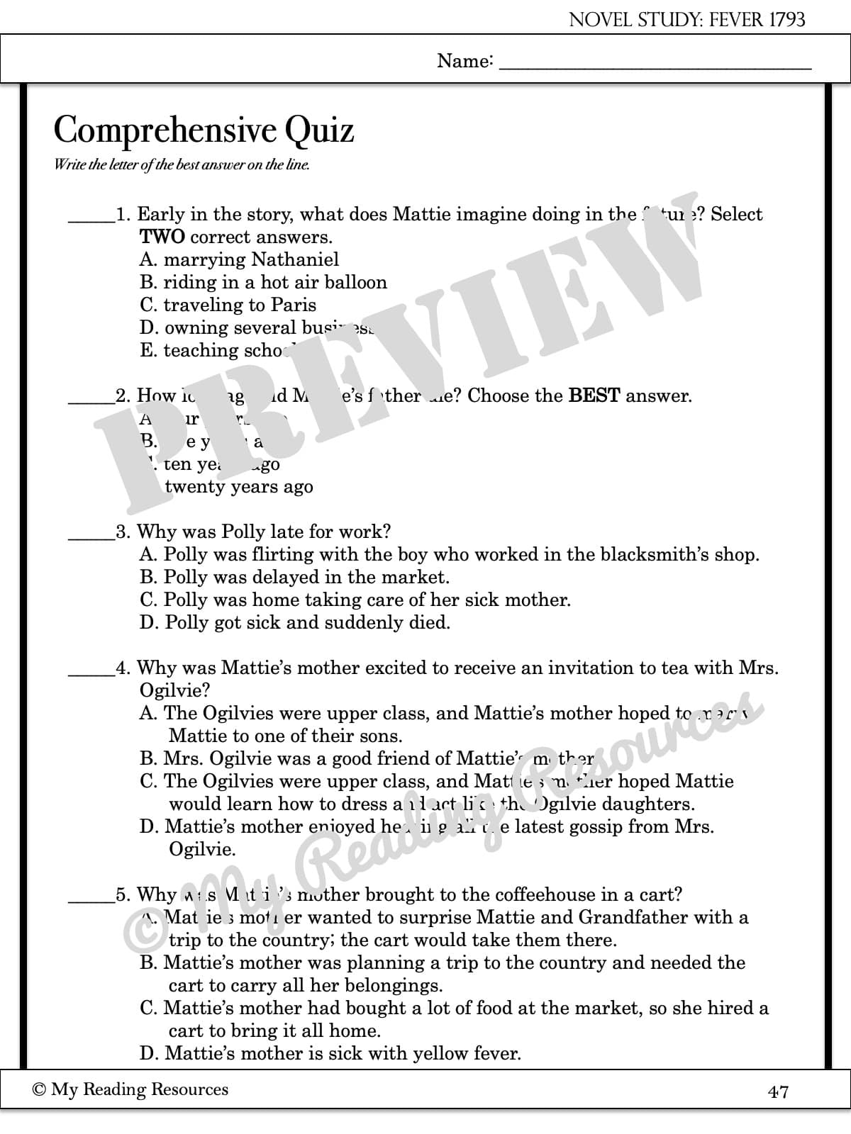 Fever 1793 Novel Study - My Reading Resources