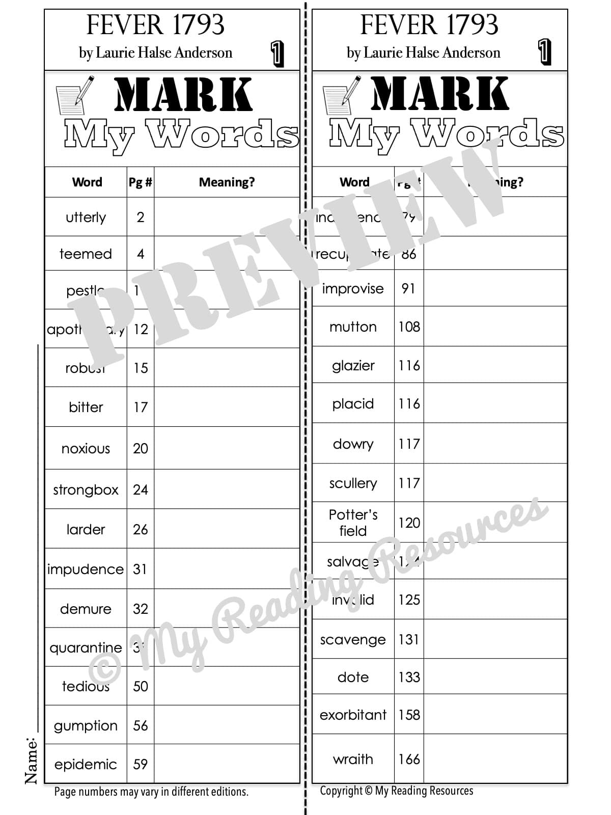 Fever 1793 Student Worksheet Packet - My Reading Resources