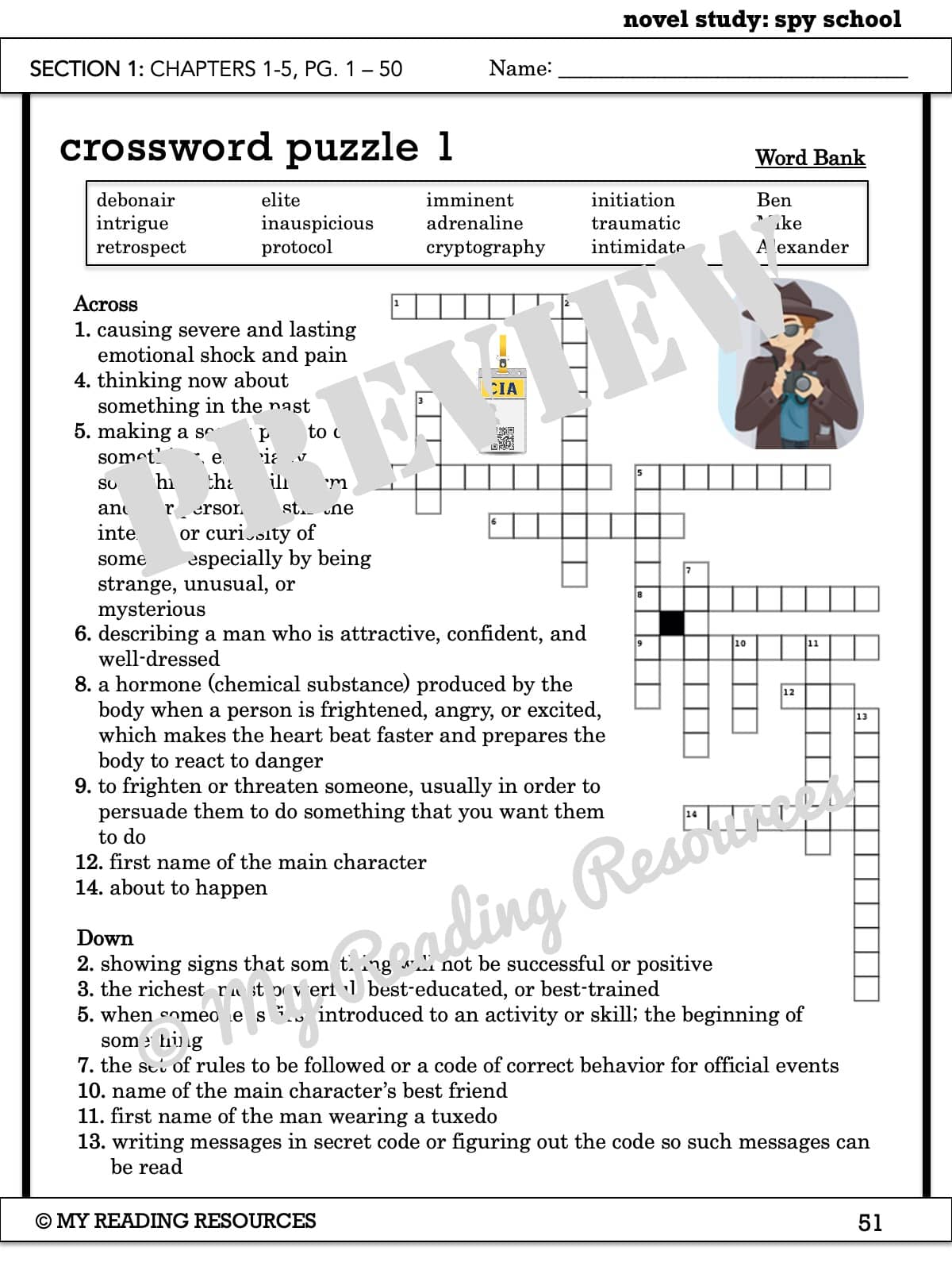 Spy School Section Quizzes And Crossword Puzzles My Reading Resources